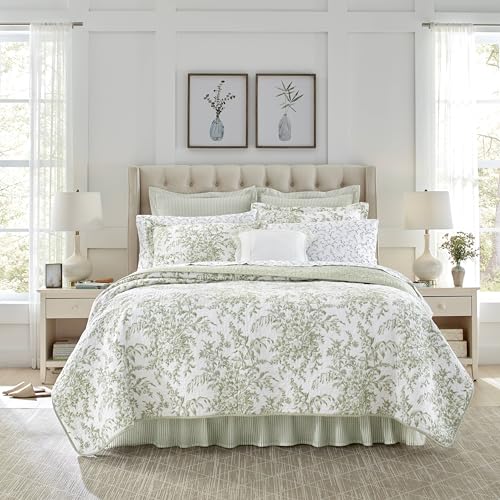 Laura Ashley - King Quilt Set, Reversible Cotton Bedding with Matching Shams, Lightweight Home Decor for All Seasons (Bedford Green/Off-White, King)