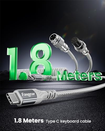 Fasgear Coiled USB C Keyboard Cable, 1.8m Type C to Type C Keyboard Cable with Metal Aviation Connector, 60W Fast Charging, Designed for USB-C Mechanical/Custom/DIY/Gaming Keyboard(Grey)