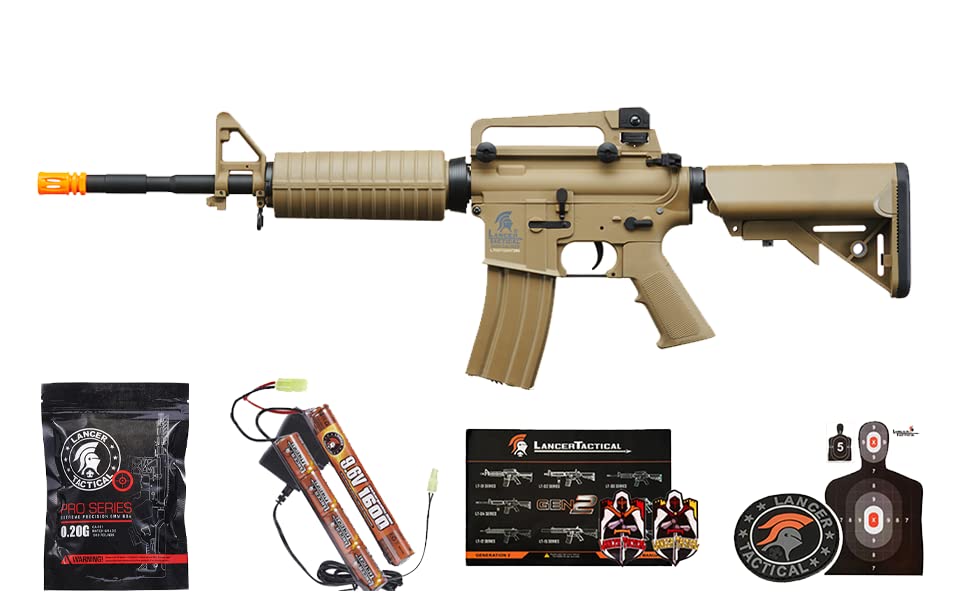 Lancer Tactical Gen 2 Airsoft M4A1 Carbine Polymer AEG Gun w/9.6v Nimh 1600 mAh Battery, Charger, 1000 Rounds 0.20g BBS Included (Black/Tan) (Regular Polymer, Tan)