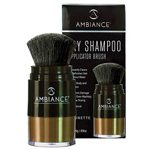 Natural Dry Shampoo for Women & Men by Ambiance | Brunette Tinted Powder | Travel Size Applicator Brush for Dark Brown Hair | Cleansing, Refreshing, & Volumizing