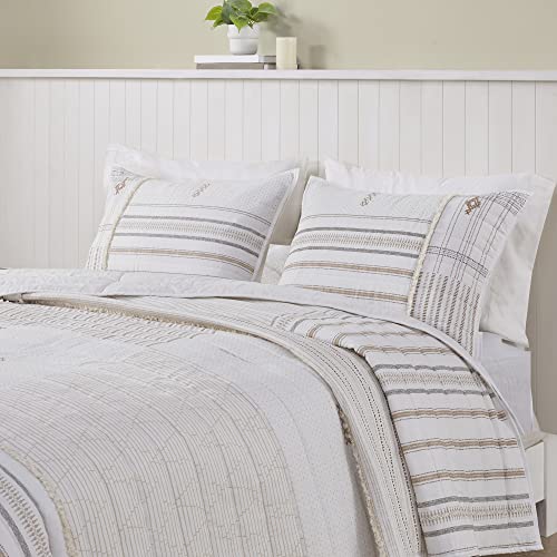 INK+IVY Salar Cotton Quilt Set - Stripe Patchwork Design with Fringe Trim Accent, Prewashed Coverlet, All Season, Breathable and Lightweight Cover, Cozy Summer Blanket, King/Cal King Natural 3 Piece