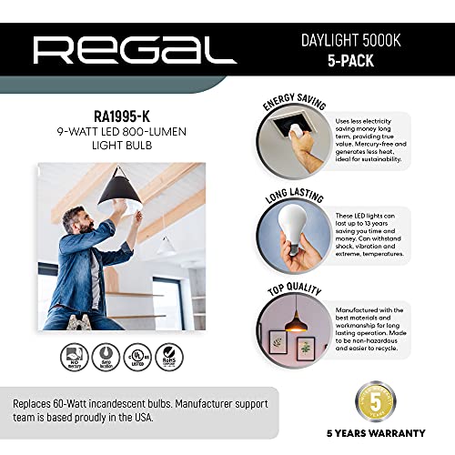 Regal LED A19 Light Bulb 5000K Daylight 800-Lumen, 9-Watt (60-Watt Equivalent), E26 Base, 5000 Kelvin, Day Light, 5-Pack, Non-Dimmable