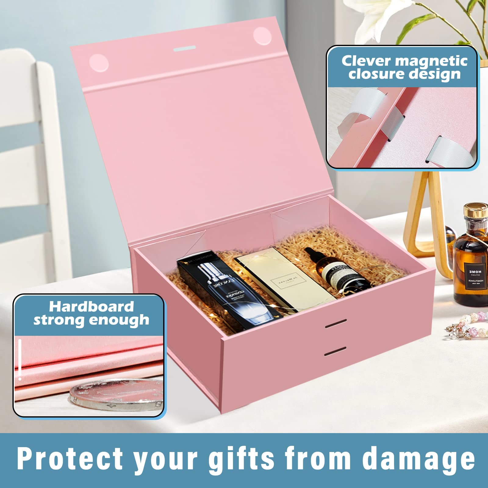 BoShahai Pink Magnetic Gift Boxes, 12x8x4 Inches Foldable Gift Box with Ribbon, Large Luxury Gift Packaging with Magnetic Closure for Parties, Weddings, Bridesmaid Proposal, Storage