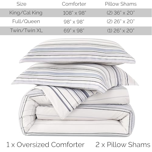 Southshore Fine Living, Inc. 3-Piece King Size Comforter Set, Down Alternative Grey Striped Comforter with Matching Shams, Coverlet Bedspread for California/King Bed, Coastal Stripes Grey