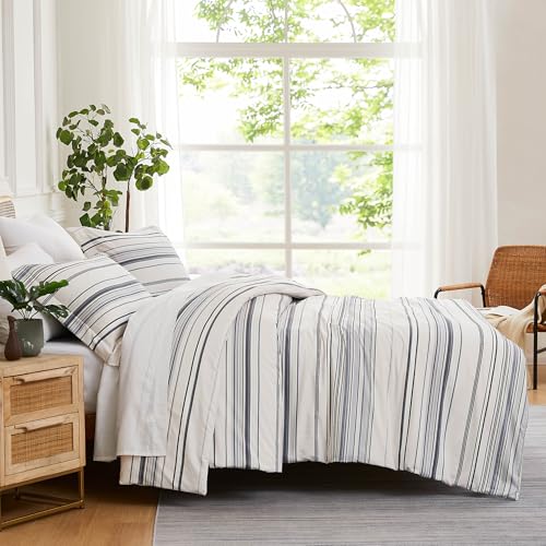 Southshore Fine Living, Inc. 3-Piece King Size Comforter Set, Down Alternative Grey Striped Comforter with Matching Shams, Coverlet Bedspread for California/King Bed, Coastal Stripes Grey