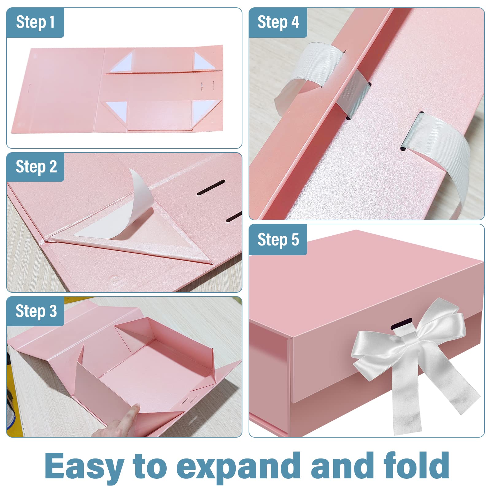 BoShahai Pink Magnetic Gift Boxes, 12x8x4 Inches Foldable Gift Box with Ribbon, Large Luxury Gift Packaging with Magnetic Closure for Parties, Weddings, Bridesmaid Proposal, Storage