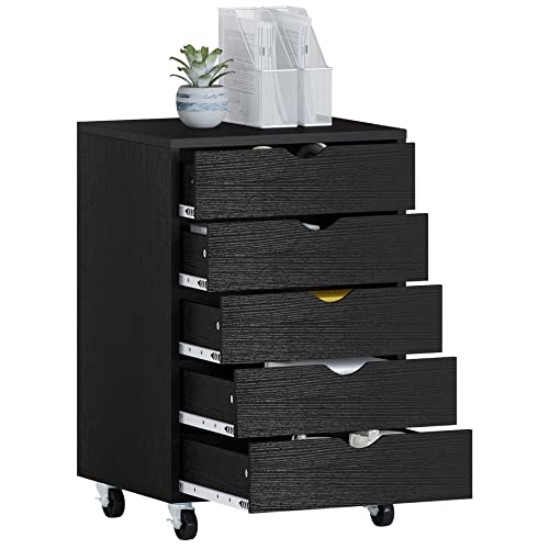 YITAHOME 5 Drawer for Bedroom, Dressers & Chests of Drawers with Wheels Under Desk, Home Office Closet Dresser Wood Nightstand Storage Cabinet, Black