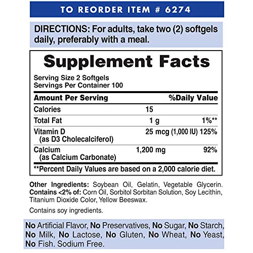 Puritan's Pride Absorbable Calcium with Vitamin D 3 1000iu Softgels, 1200 mg, 200 Count