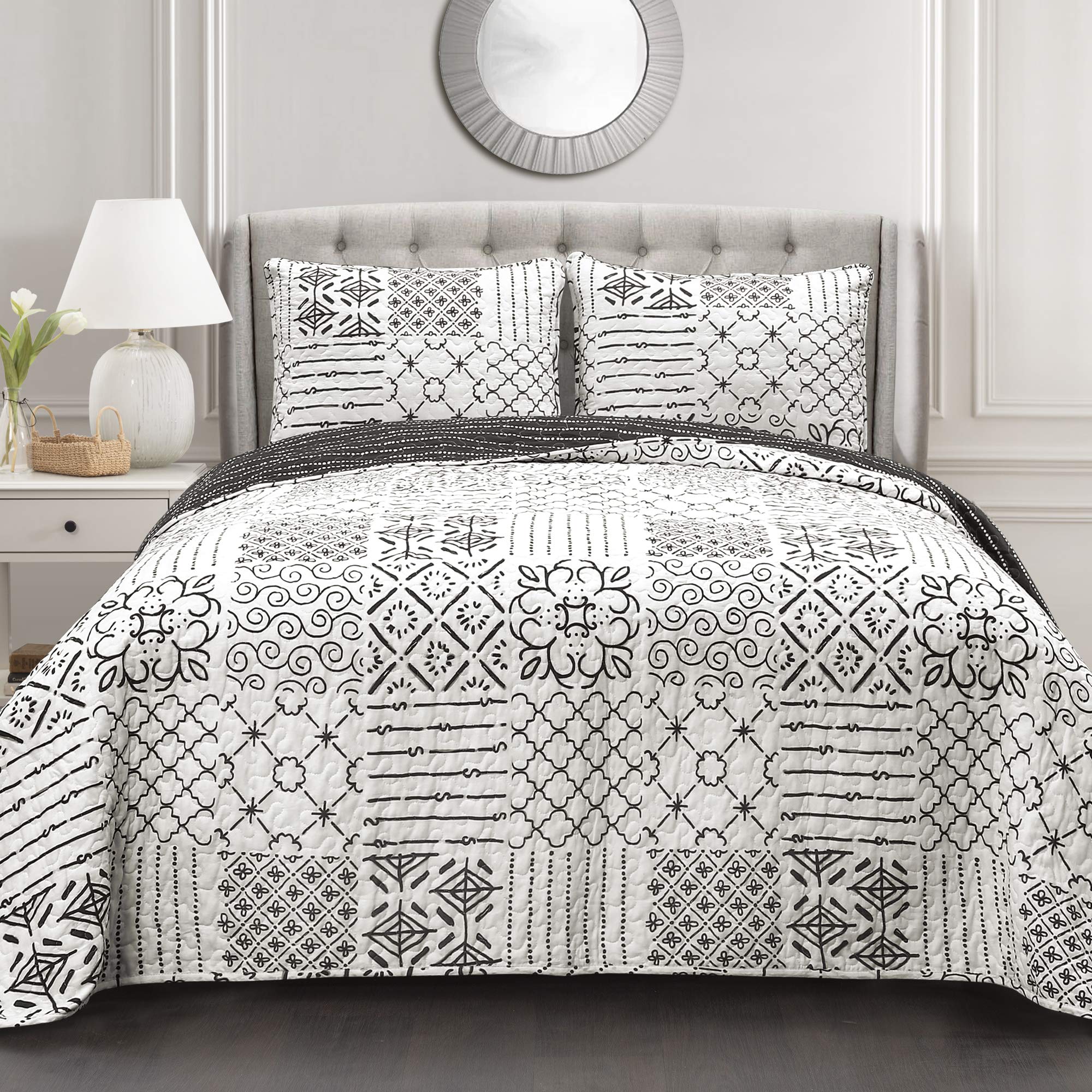 Lush Decor Charcoal King Monique 3 Piece Reversible Print Pattern Quilt Set