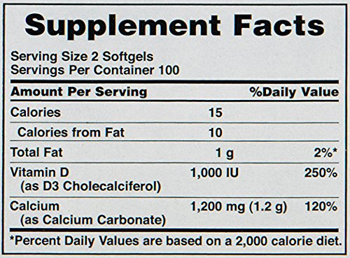 Puritan's Pride Absorbable Calcium with Vitamin D 3 1000iu Softgels, 1200 mg, 200 Count
