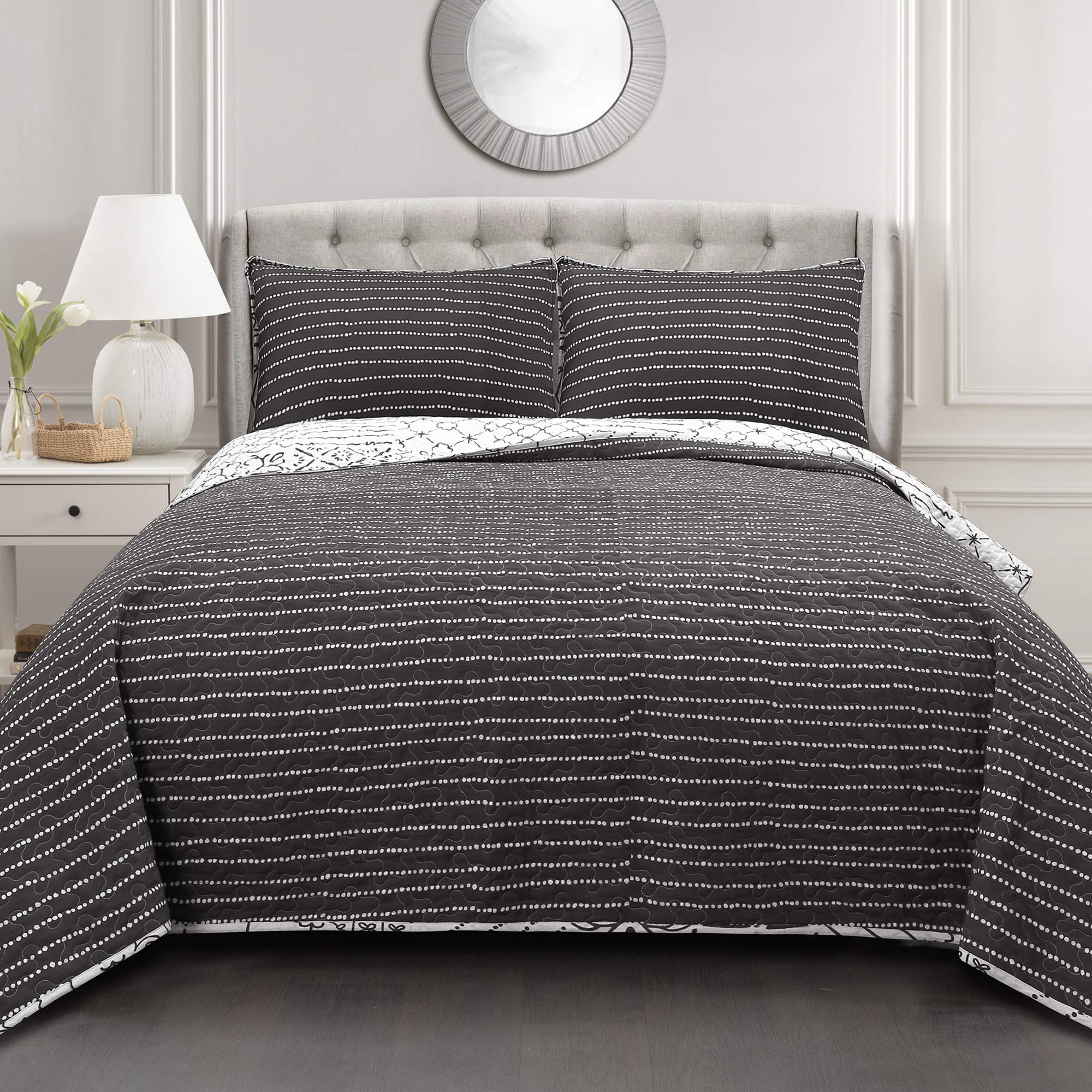 Lush Decor Charcoal King Monique 3 Piece Reversible Print Pattern Quilt Set