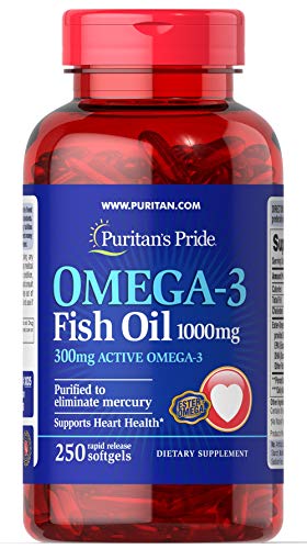 Omega-3 Fish Oil 1000 mg (300 mg Active Omega-3), Supports Heart and Joint Health, 250 Count by Puritan's Pride