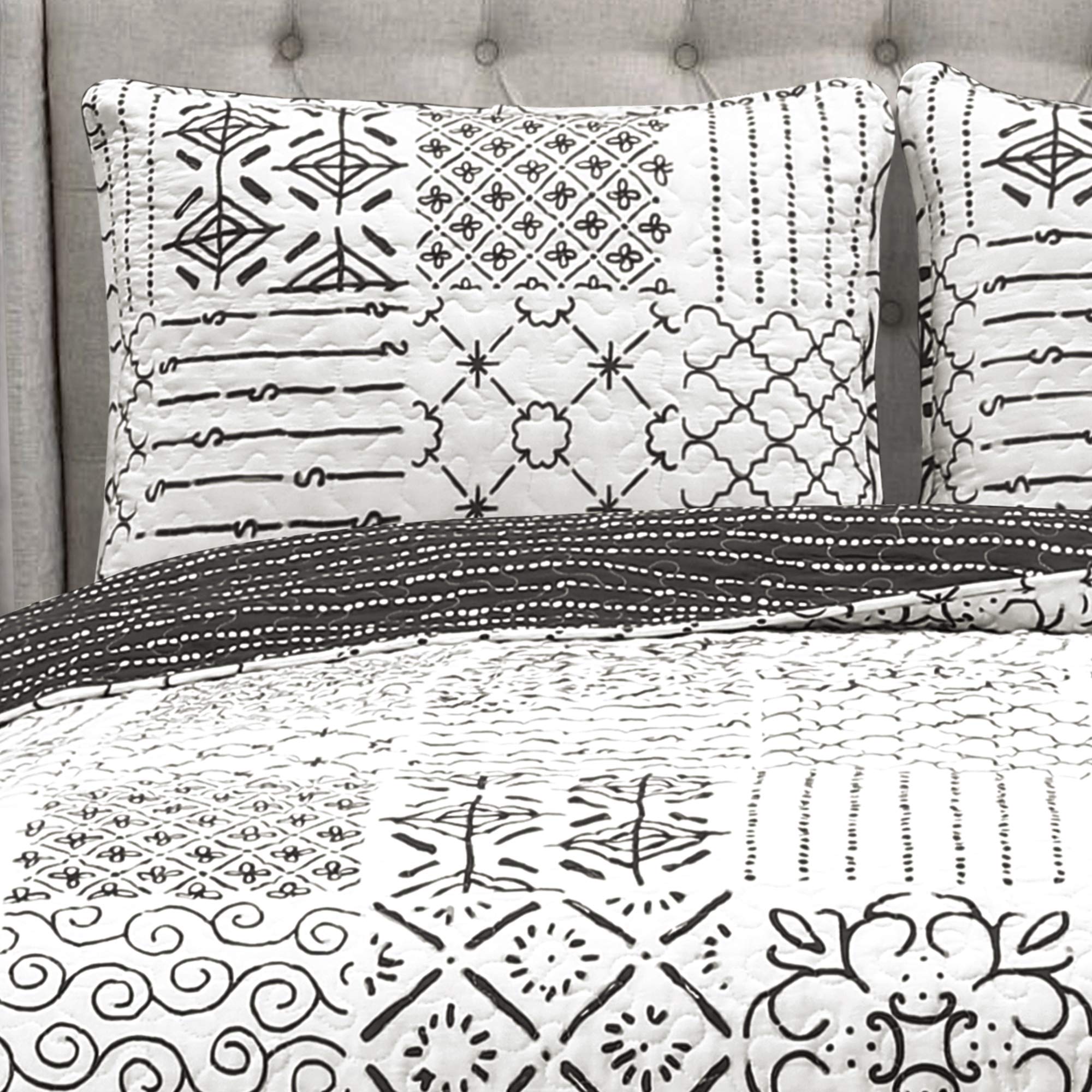 Lush Decor Charcoal King Monique 3 Piece Reversible Print Pattern Quilt Set