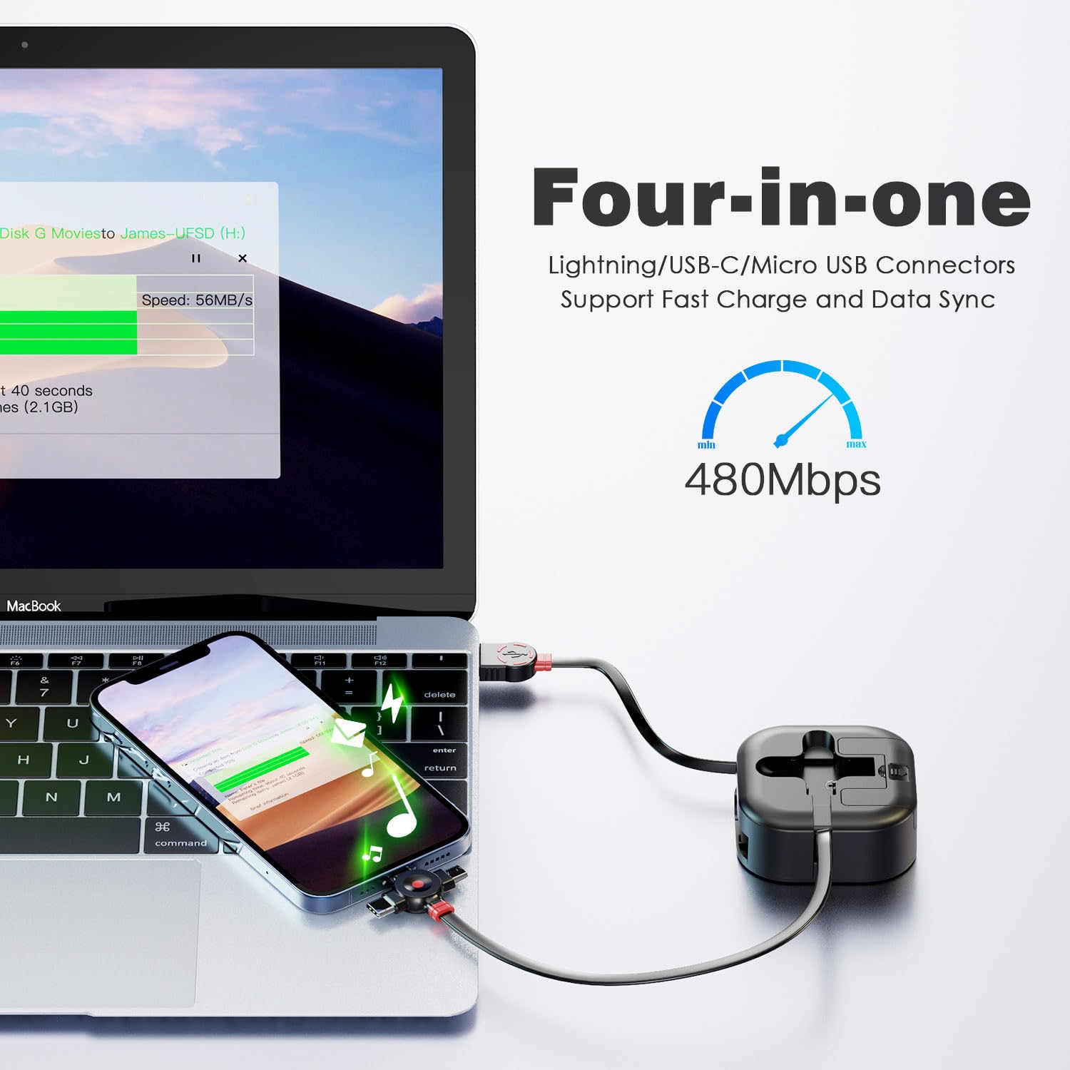 4.5A Multi Charger Cable - Retractable 3-in-1 USB with Lightning/Type C/Micro Ports - 2 Pack 4Ft Fast Sync for iPhone, Samsung, LG, Huawei, Tablets