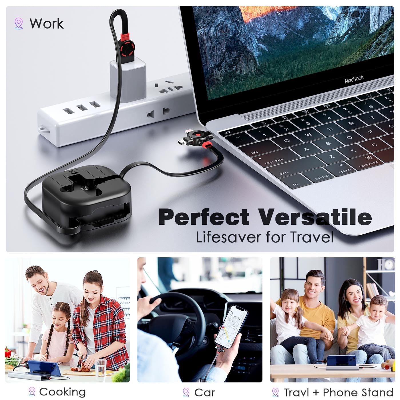 4.5A Multi Charger Cable - Retractable 3-in-1 USB with Lightning/Type C/Micro Ports - 2 Pack 4Ft Fast Sync for iPhone, Samsung, LG, Huawei, Tablets