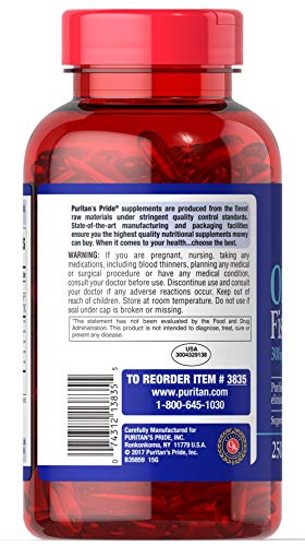 Omega-3 Fish Oil 1000 mg (300 mg Active Omega-3), Supports Heart and Joint Health, 250 Count by Puritan's Pride