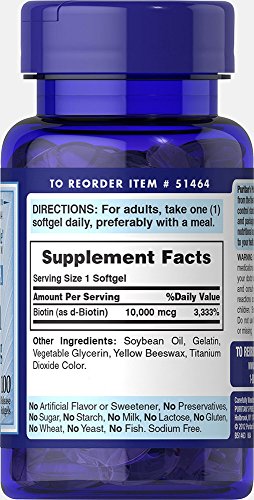 Puritan's Pride Biotin 10000 Mcg, Helps Promote Skin, Hair and Nail Health, Softgels 100 Count