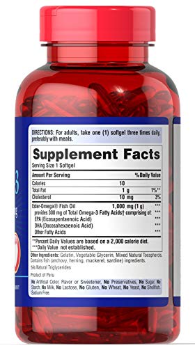 Omega-3 Fish Oil 1000 mg (300 mg Active Omega-3), Supports Heart and Joint Health, 250 Count by Puritan's Pride