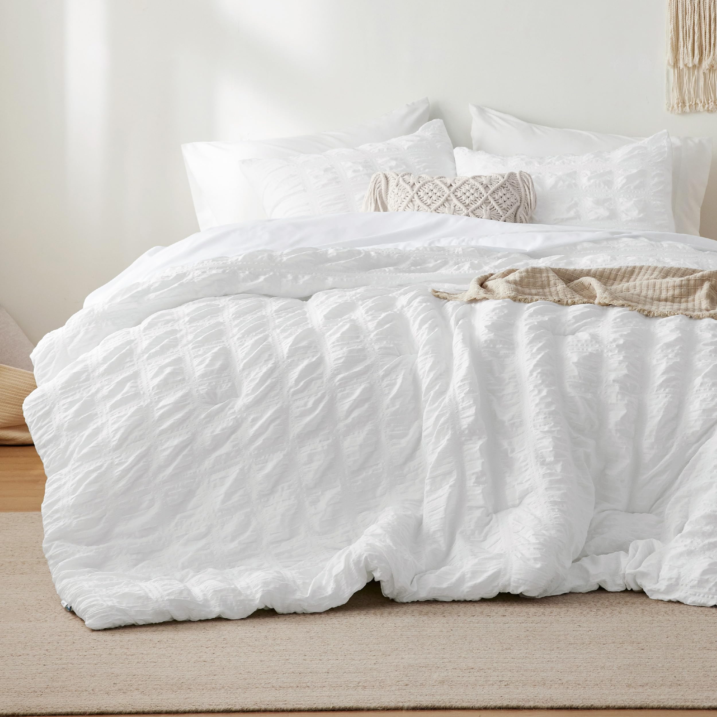 Bedsure Bed in a Bag Full - 7 Pieces Plaid Seersucker Bedding Comforter Sets, Soft Lightweight White Boho Bed Set with Comforters Full Size, Sheets, Pillowcases & Shams