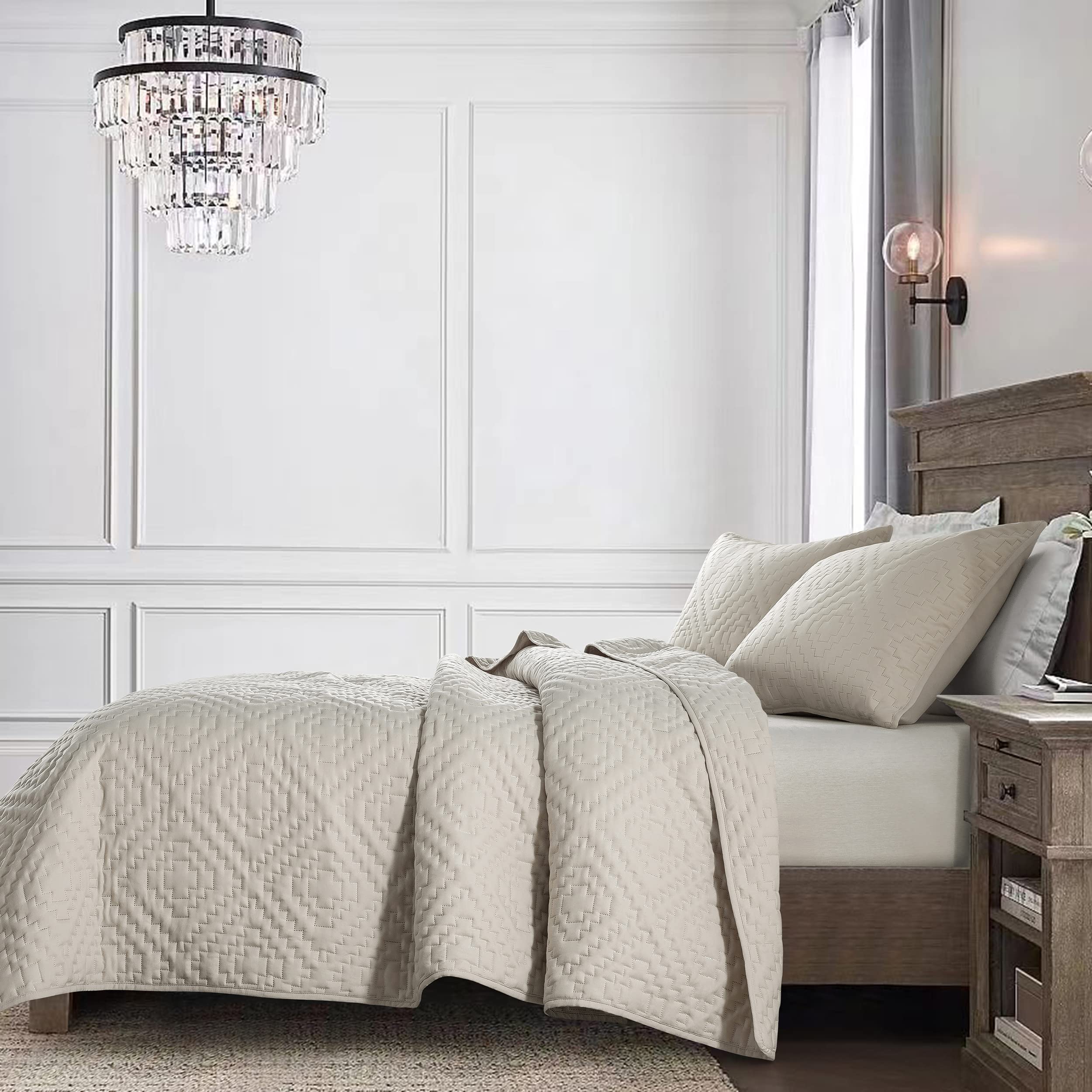 R.SHARE Beige Cream Tan King Size Quilt Bedding Sets with Pillow Shams, Boho Lightweight Soft Bedspread Coverlet, Quilted Blanket Thin Comforter Bed Cover for All Season, 3 Pieces, 104x90 inches