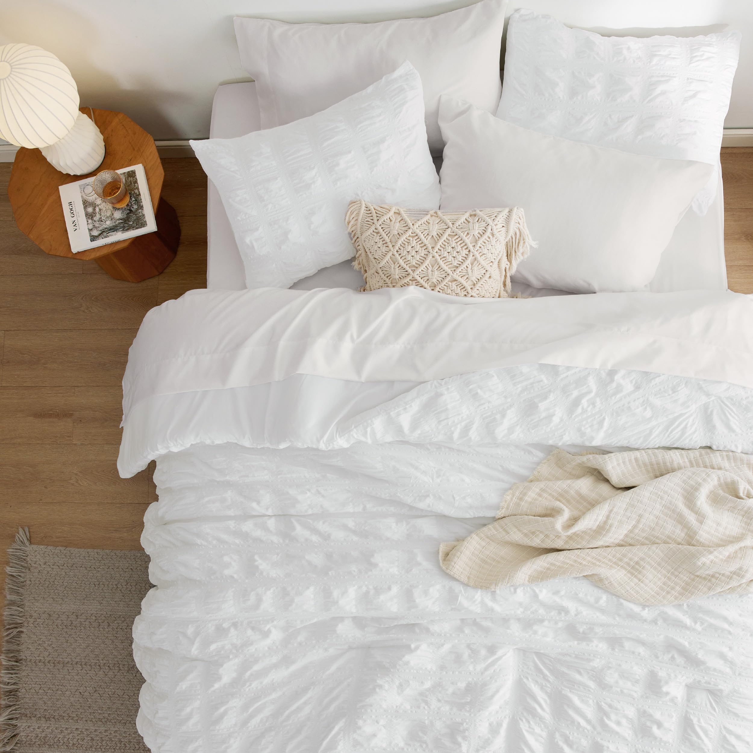 Bedsure Bed in a Bag Full - 7 Pieces Plaid Seersucker Bedding Comforter Sets, Soft Lightweight White Boho Bed Set with Comforters Full Size, Sheets, Pillowcases & Shams