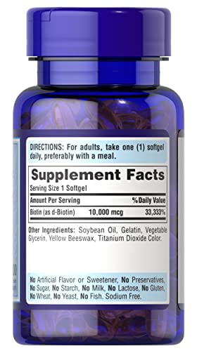Puritan's Pride Biotin 10000 Mcg, Helps Promote Skin, Hair and Nail Health, Softgels 100 Count