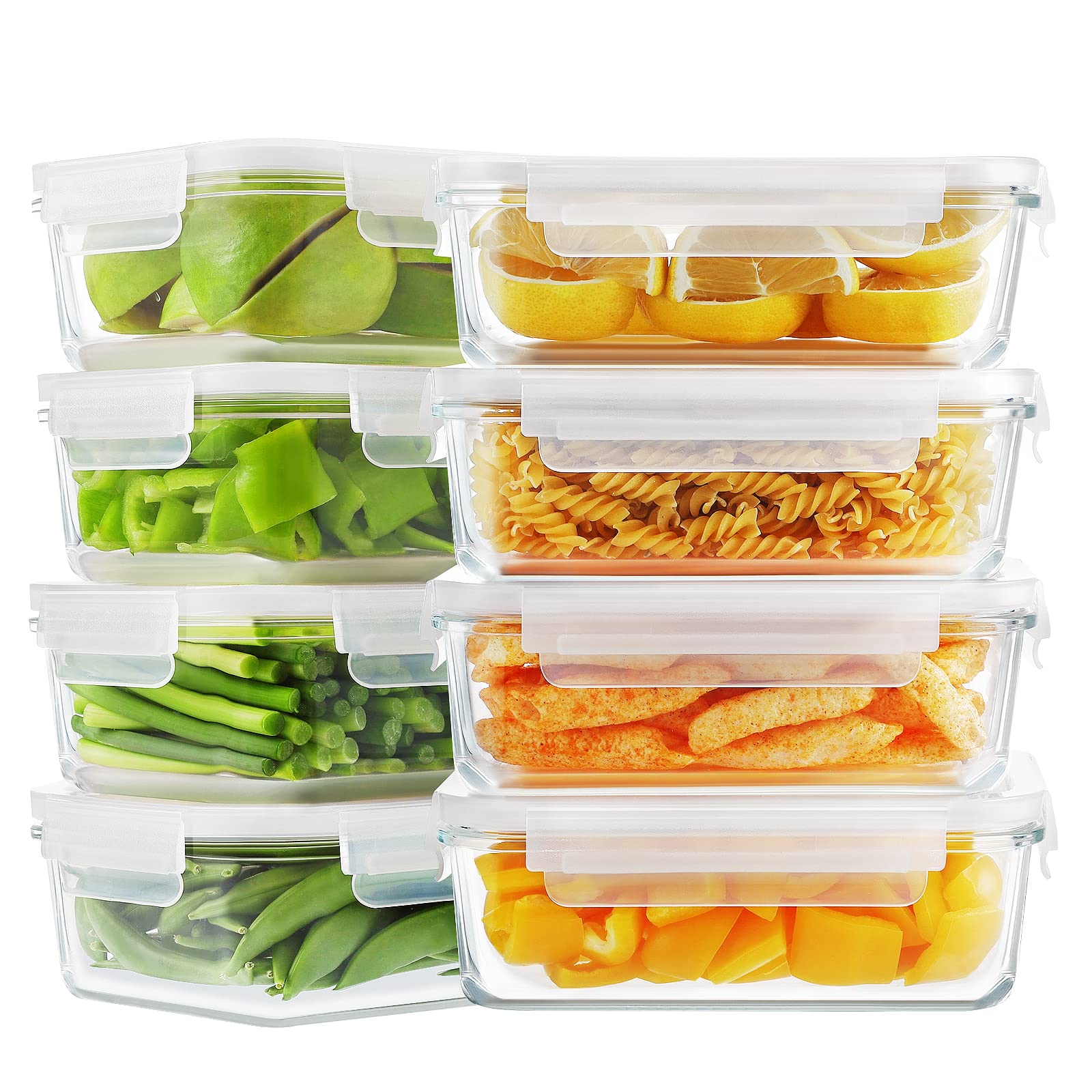 BAYCO 8 Pack Glass Food Storage Containers, Glass Meal Prep Containers, Airtight Glass Storage Containers with Lids - BPA-Free & Leak Proof (8 lids & 8 Containers) 30oz
