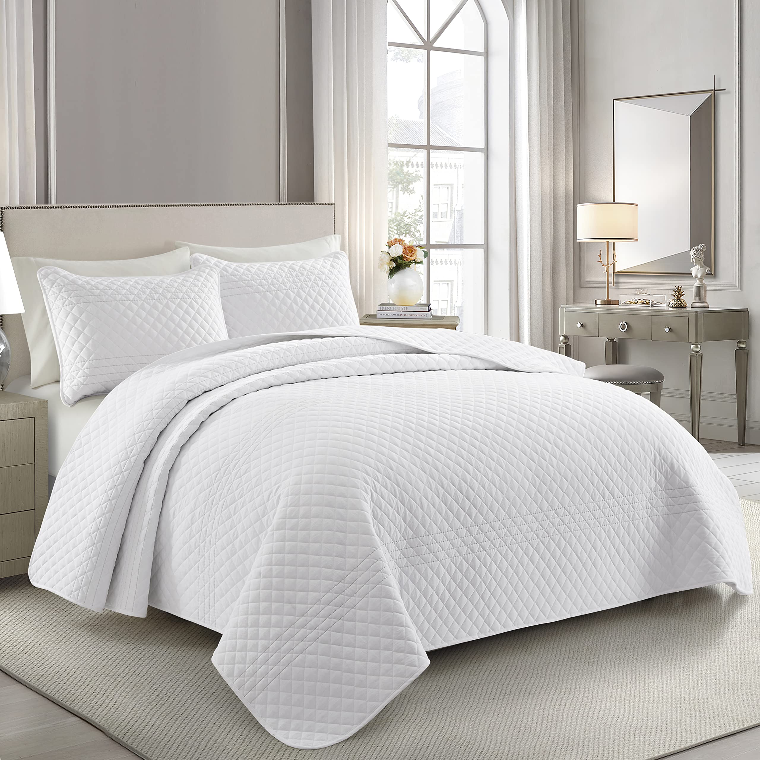 Bonlino Quilt Bedding Set Bed King - Lightweight Soft Summer Farmhouse Set, Modern Boho Style Striped as Bedspread Coverlet, with 2 Pillow Shams for Home Bedroom All Season (White, King)