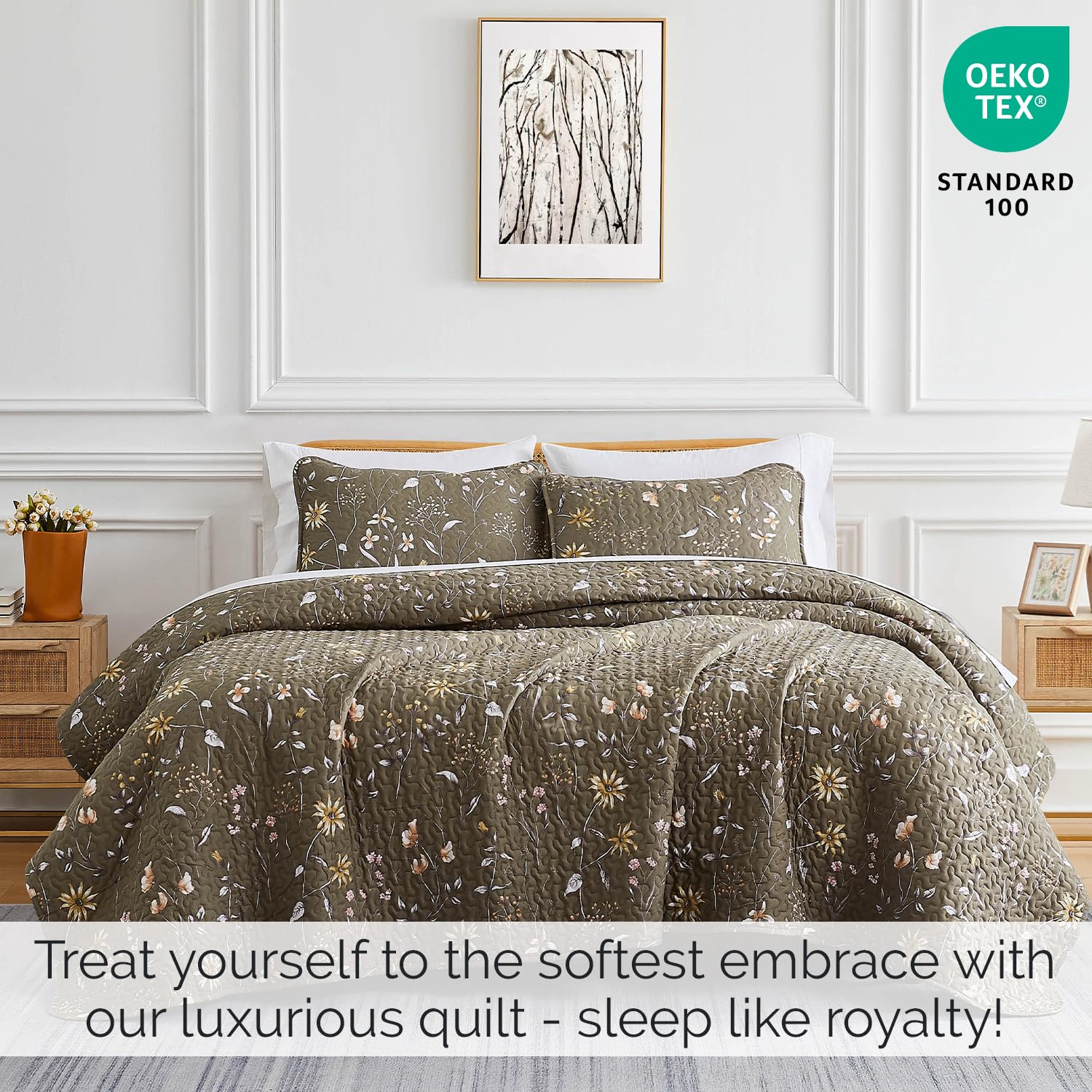 Southshore Fine Living, Inc. Oversized Queen Size Quilt Bedding Set, All Season Lightweight Bedspread, Boho Coverlet Full Size, Floral Bedding 3-Piece Set with Two Matching Shams, Full/Queen, Brown