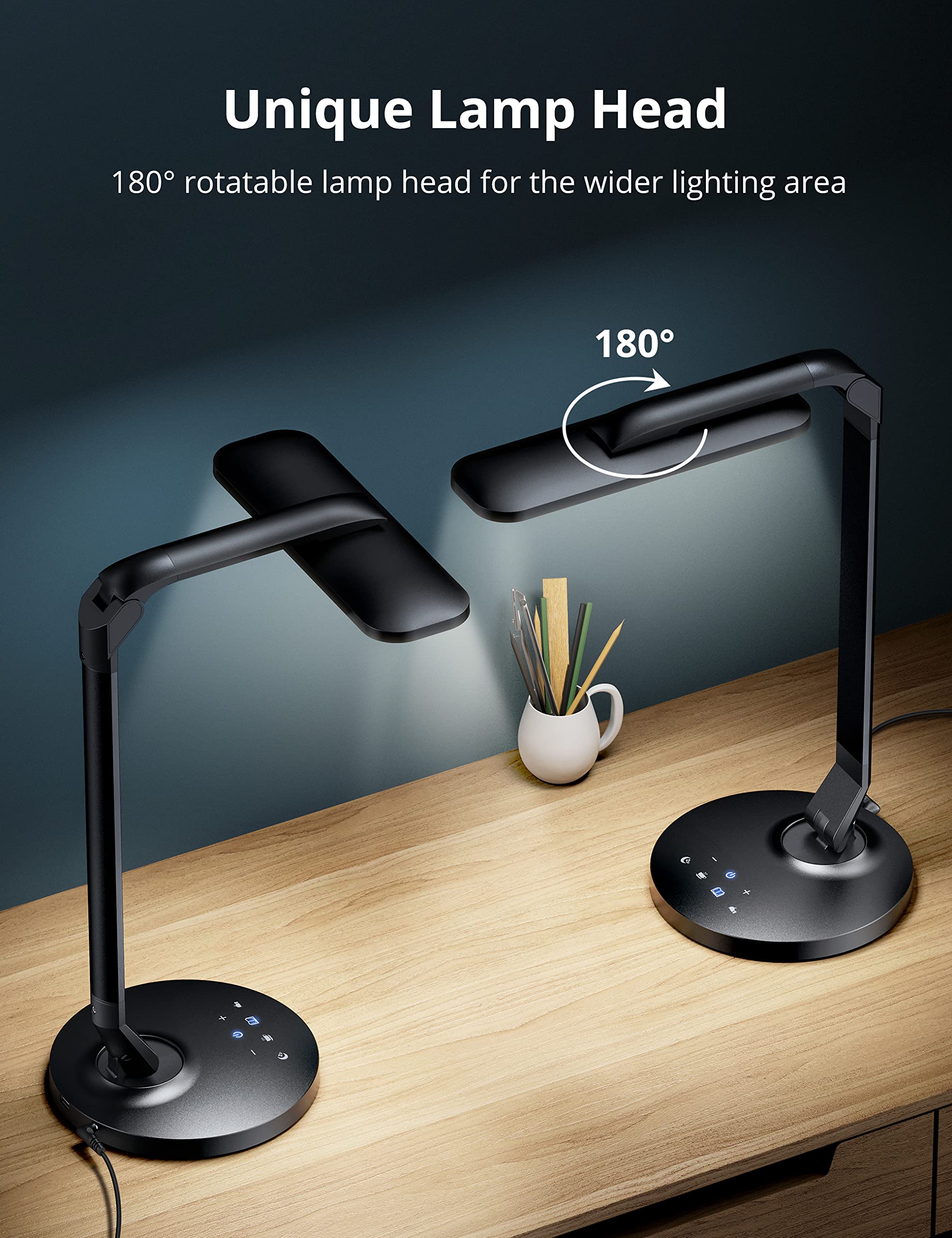 soysout LED Desk Lamp, Dimmable Piano Light, Eye-Caring Table Lamp with USB Charging Port, 4 Color Modes & 4 Brightness Levels,1 Hour Timer for Reading, Study, Working, Black