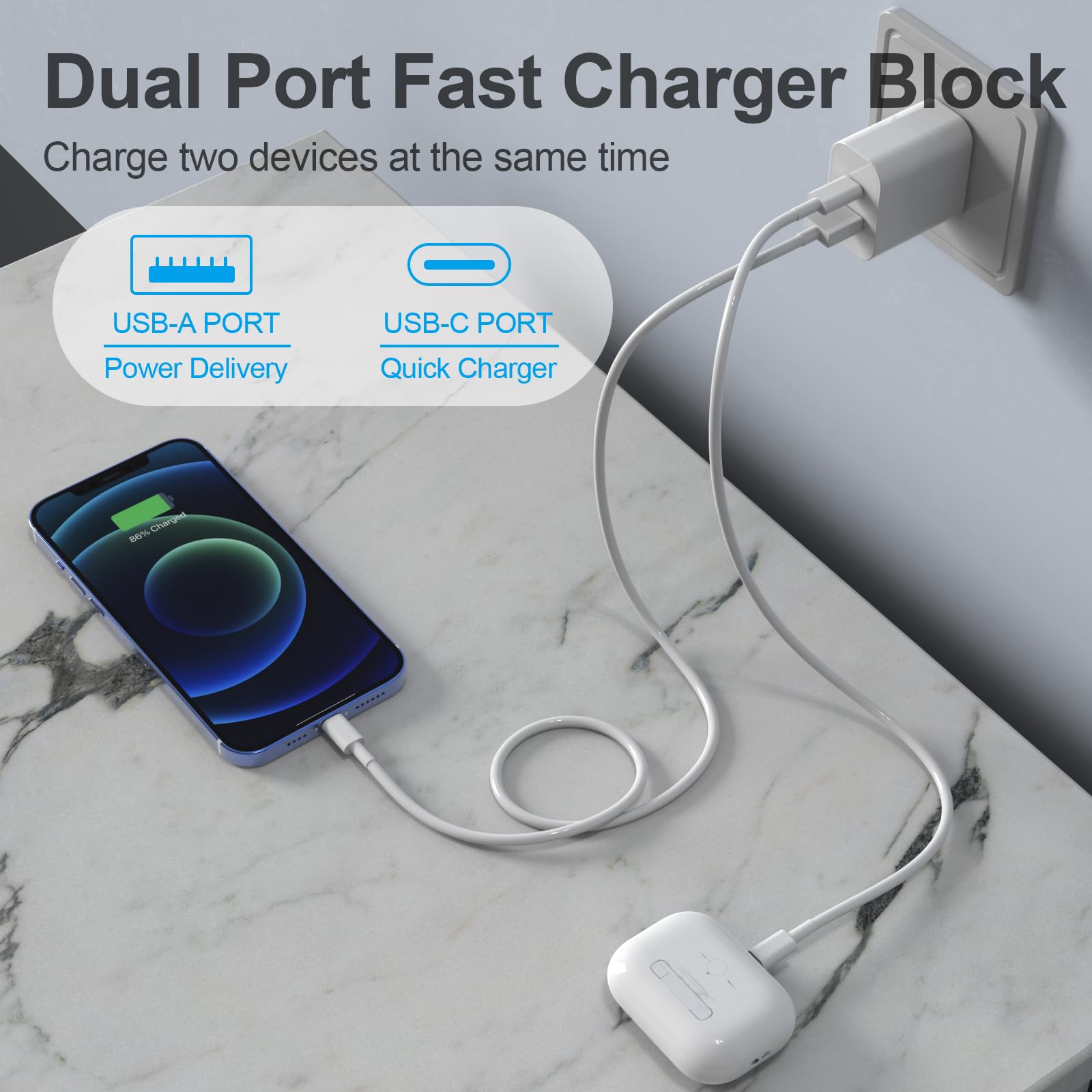 20W Dual Port Fast Charger Block 2-Pack with 6FT & 10FT MFi-Certified Cables, PD/QC3.0 Quick Charge Adapter for iPhone 14/13/12/11 Pro Max/XS/XR/X, iPad, AirPods Pro - Overheat & Surge Protection