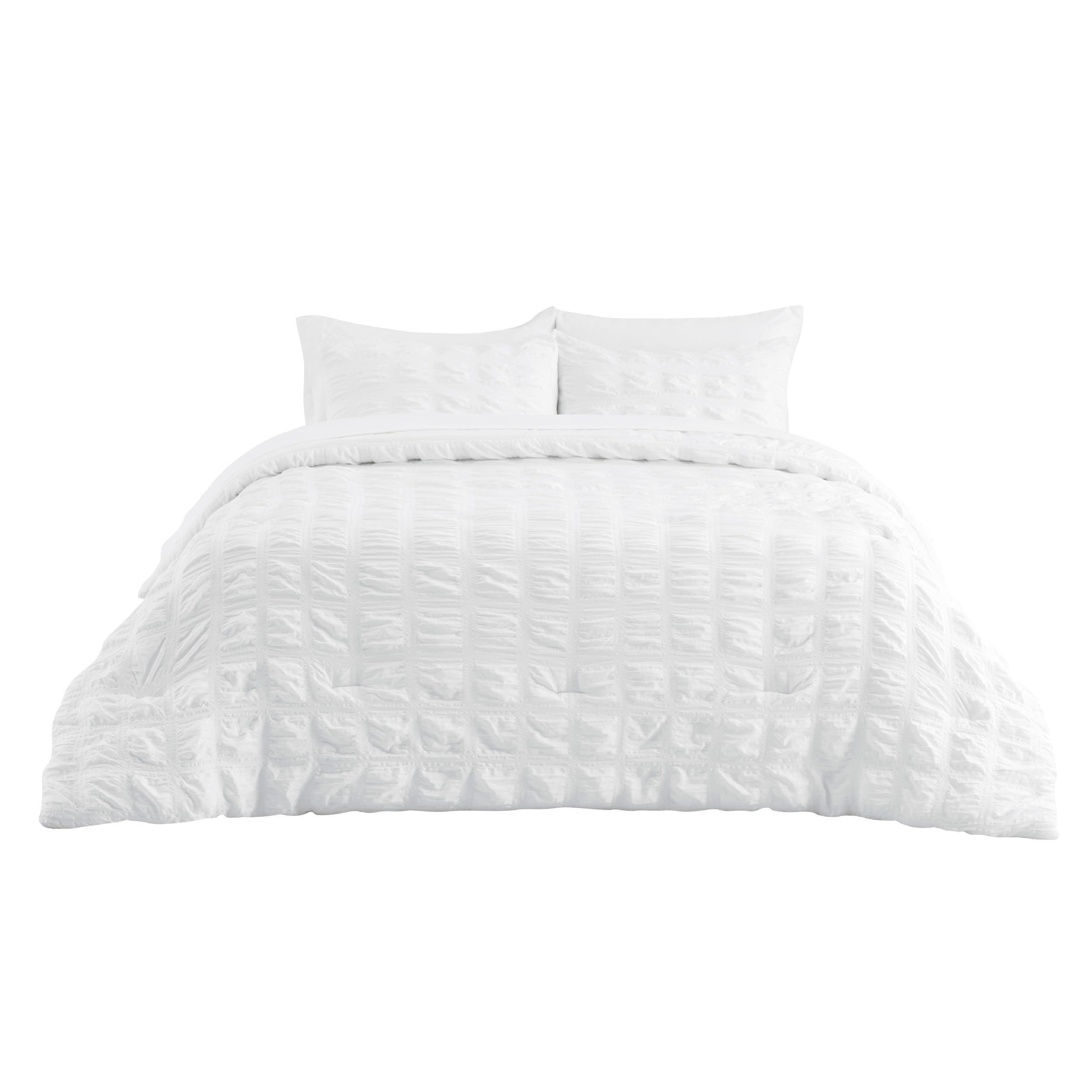 Bedsure Bed in a Bag Full - 7 Pieces Plaid Seersucker Bedding Comforter Sets, Soft Lightweight White Boho Bed Set with Comforters Full Size, Sheets, Pillowcases & Shams