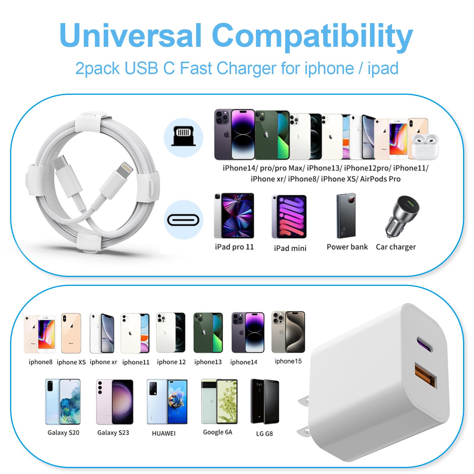 20W Dual Port Fast Charger Block 2-Pack with 6FT & 10FT MFi-Certified Cables, PD/QC3.0 Quick Charge Adapter for iPhone 14/13/12/11 Pro Max/XS/XR/X, iPad, AirPods Pro - Overheat & Surge Protection