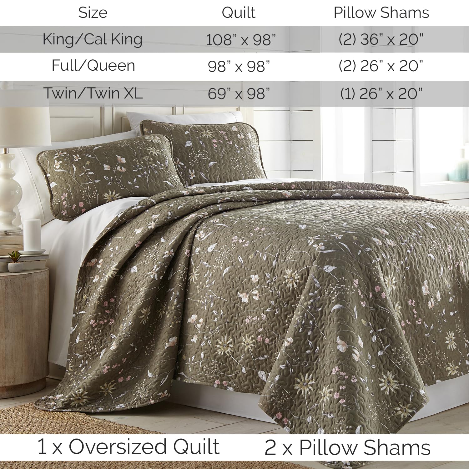 Southshore Fine Living, Inc. Oversized Queen Size Quilt Bedding Set, All Season Lightweight Bedspread, Boho Coverlet Full Size, Floral Bedding 3-Piece Set with Two Matching Shams, Full/Queen, Brown