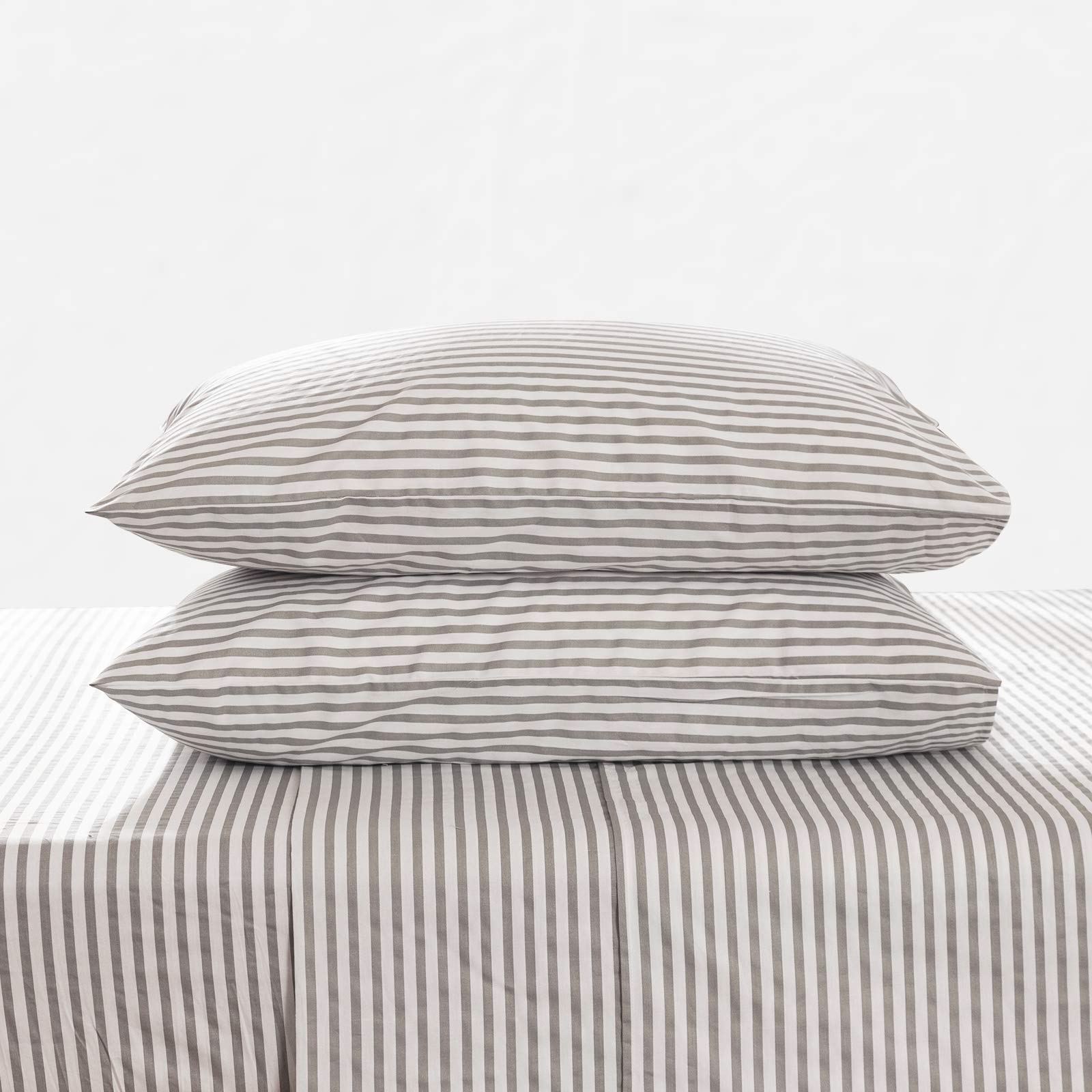 JELLYMONI 4-Piece Striped Cotton Sheet Set | Ultra-Soft, Brushed Bedding Sheets & Pillowcases | Wrinkle Free, Comfortable, All-Season Bed Sheets(Grey,Queen)