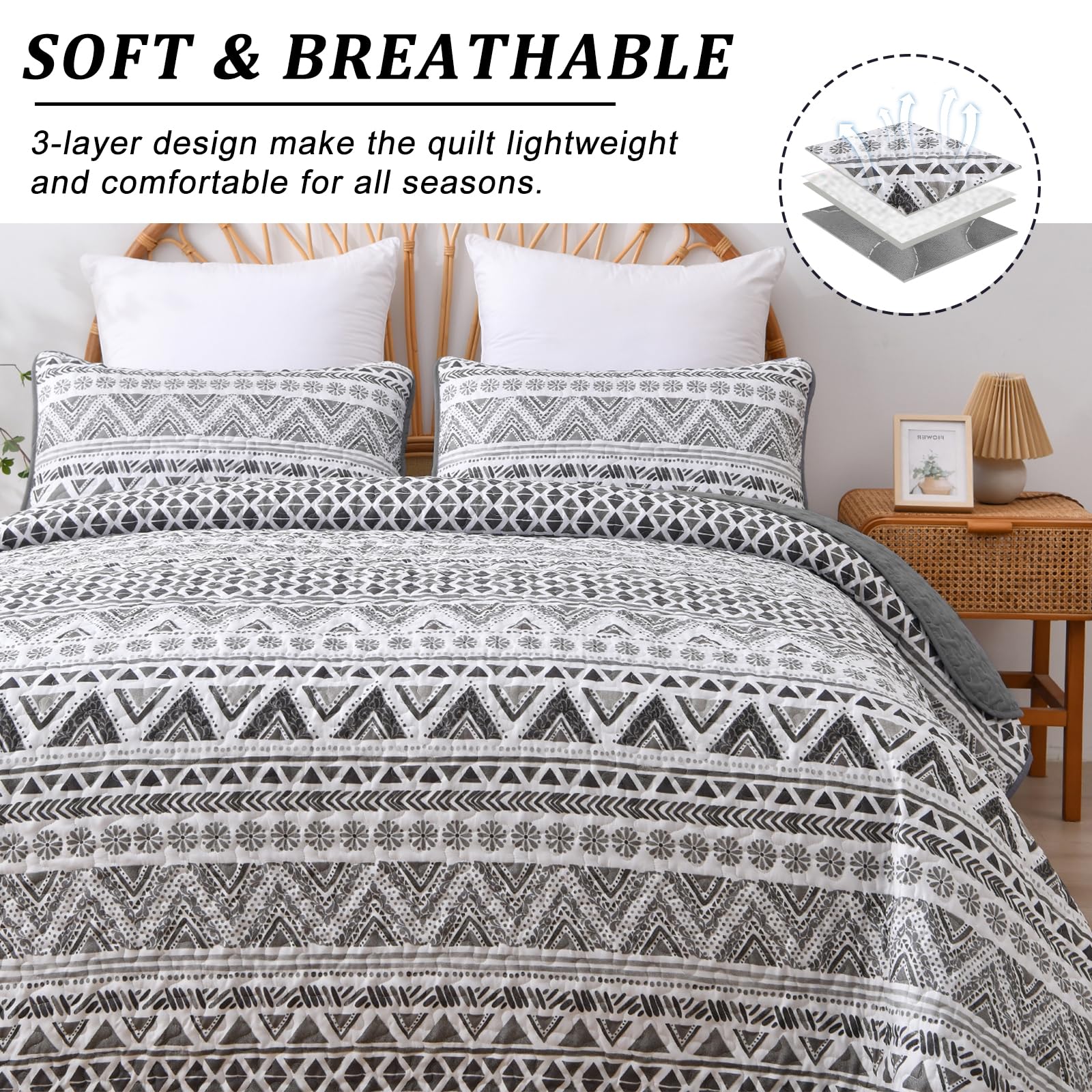 DJY Boho Quilt Set King Size, 3 Pieces Grey White Striped Geometric Bedspread Coverlet Set with 2 Pillowcases Soft Lightweight Microfiber Bohemian Quilt Bedding Set for All Season 103"x90"