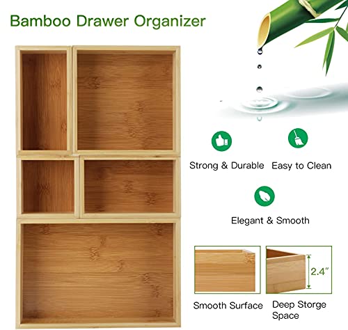 Pipishell 5-Piece Bamboo Drawer Organizer Set, Multi-use Storage Box Set, Varied Sizes Junk Drawer Organizer for Office, Home, Kitchen, Bedroom, Bathroom