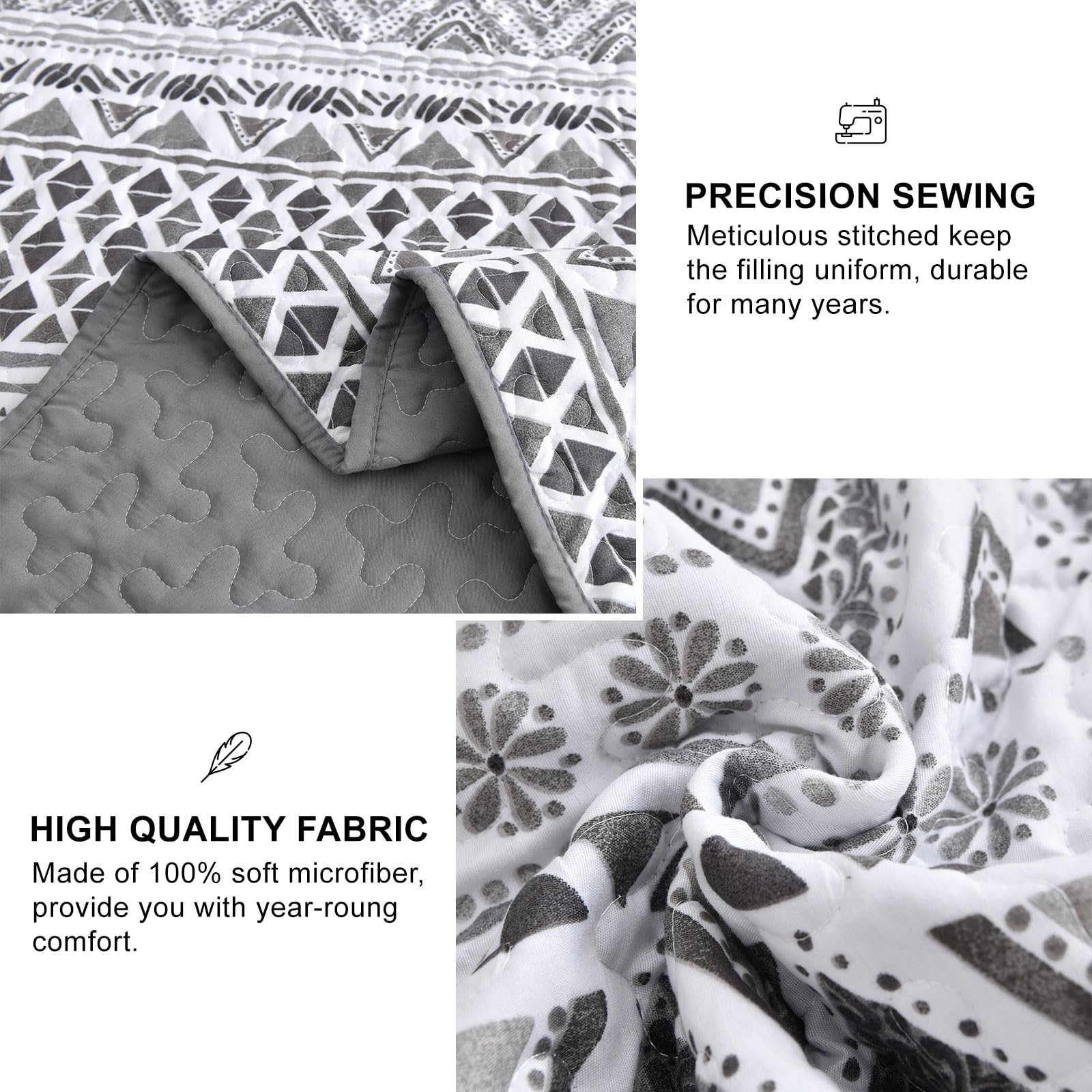 DJY Boho Quilt Set King Size, 3 Pieces Grey White Striped Geometric Bedspread Coverlet Set with 2 Pillowcases Soft Lightweight Microfiber Bohemian Quilt Bedding Set for All Season 103"x90"