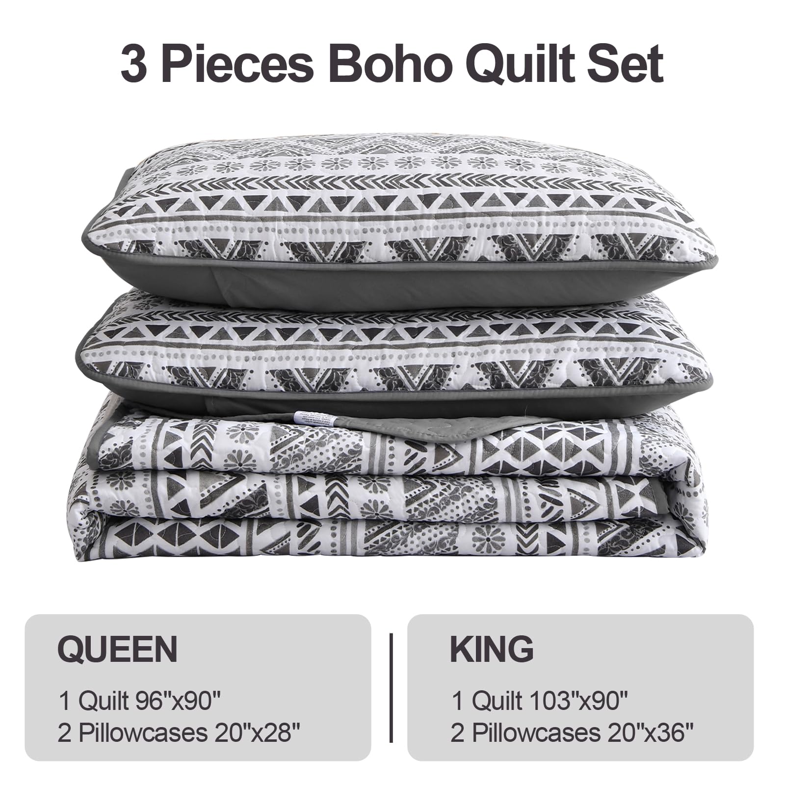 DJY Boho Quilt Set King Size, 3 Pieces Grey White Striped Geometric Bedspread Coverlet Set with 2 Pillowcases Soft Lightweight Microfiber Bohemian Quilt Bedding Set for All Season 103"x90"