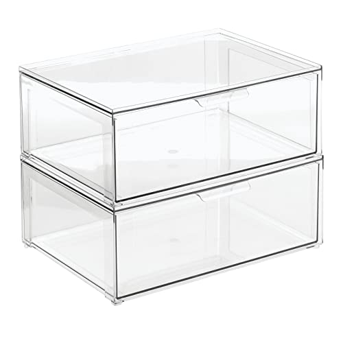 mDesign Plastic Stackable Kitchen Storage Organizer Bins with Pull Out Drawer for Cabinet, Pantry, Fridge, Freezer, Shelf, Refrigerator Organization - Lumiere Collection - 2 Pack - Clear