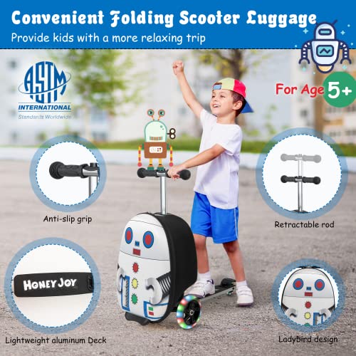 HONEY JOY Kids Scooter Suitcase, 18” Children Carry on Scooter Luggage w/Light-up LED Wheels, Waterproof Shell & Retractable Handle, Lightweight Foldable Ride on Suitcase for Kids Boys Girls(Robot)