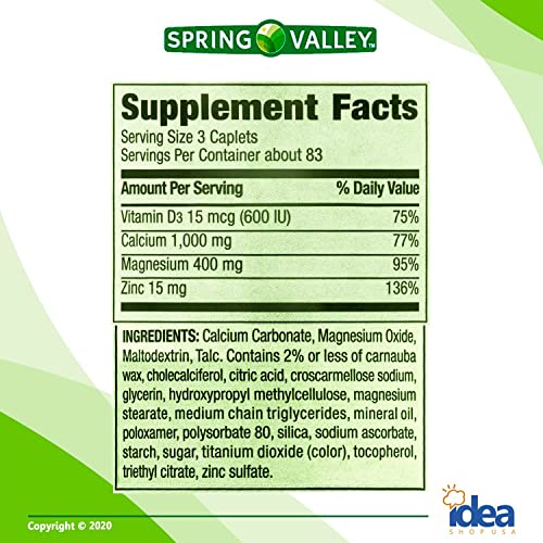Spring Valley Calcium, Magnesium and Zinc Plus Vitamin D3 Coated Caplets, 250 Ct (2 Pack) Bundle With Exclusive "Vitamins & Minerals A to Z" - Better Idea Guide (3 Items)