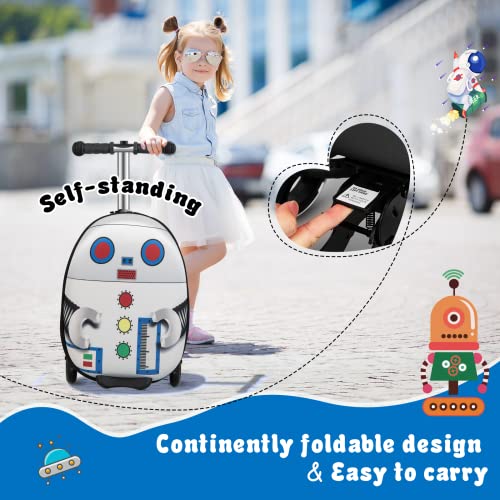HONEY JOY Kids Scooter Suitcase, 18” Children Carry on Scooter Luggage w/Light-up LED Wheels, Waterproof Shell & Retractable Handle, Lightweight Foldable Ride on Suitcase for Kids Boys Girls(Robot)