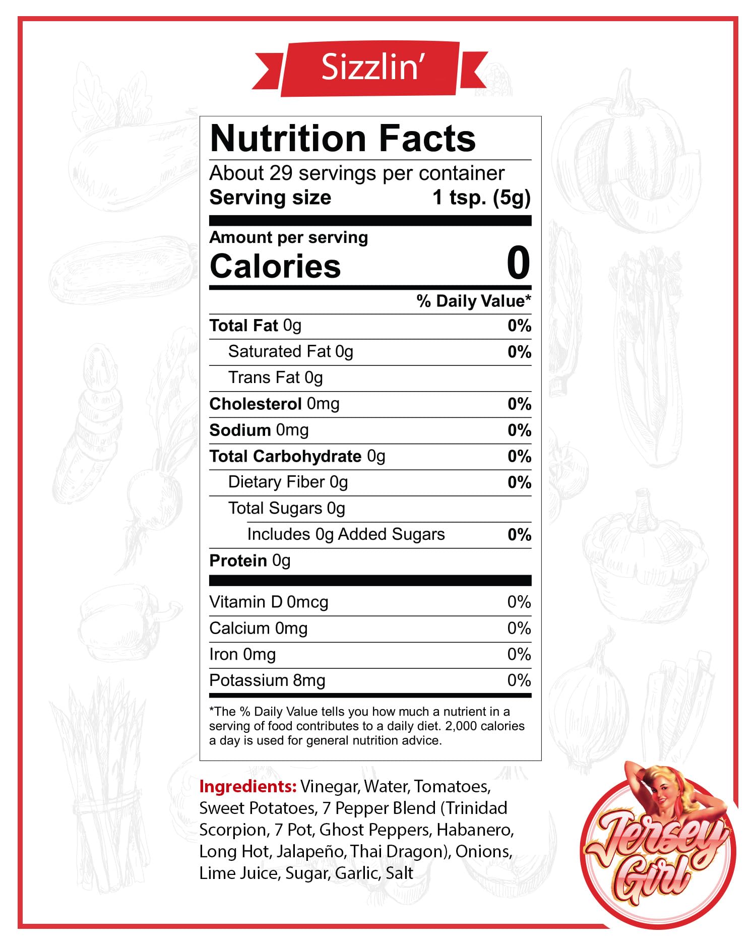 Jersey Girl Sizzlin' No Sodium/Salt Free Hot Sauce - Made with Scorpion & Ghost Pepper 5oz (Spicy) All Natural Ingredients
