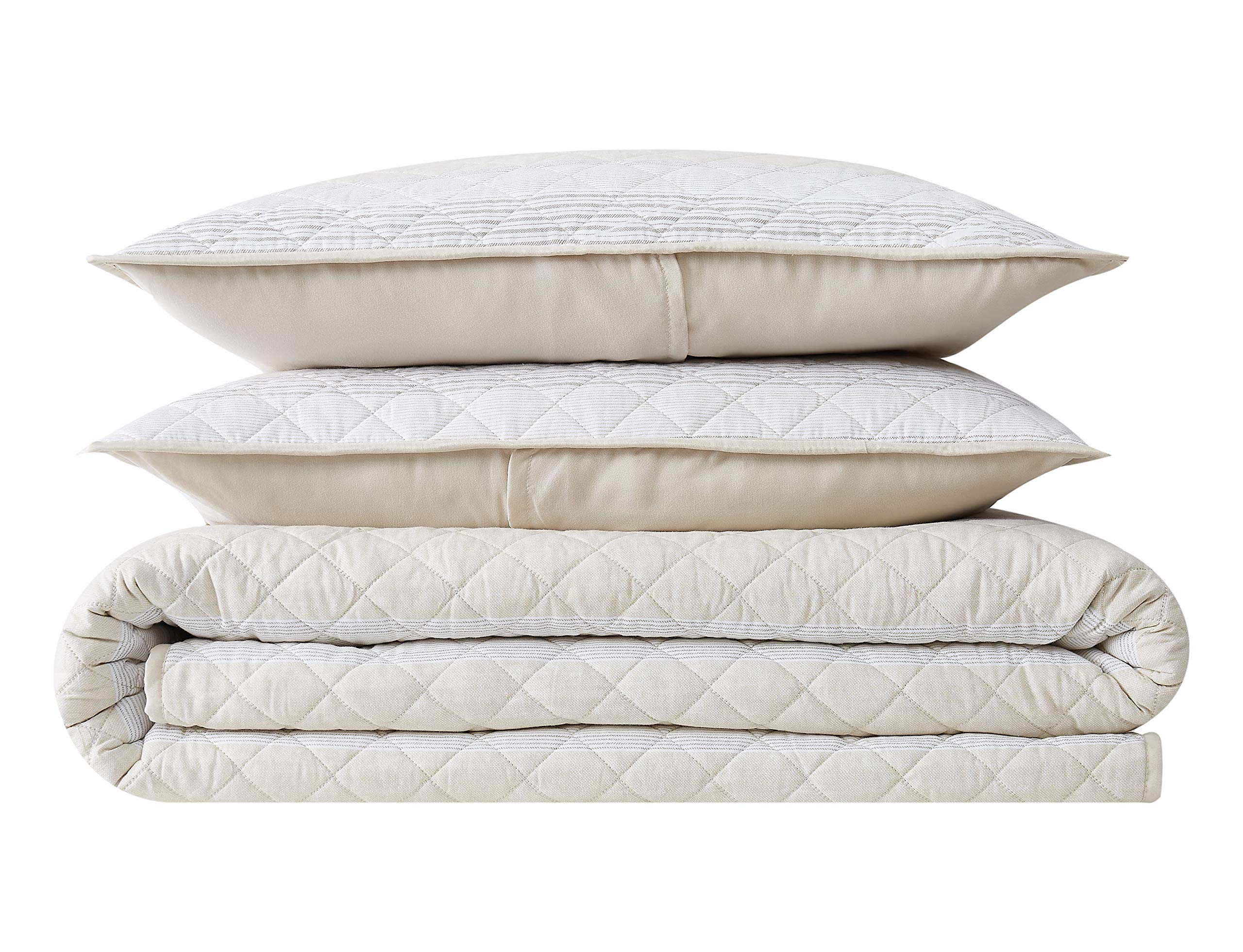 Cottage Classics 3-Piece 100% Cotton Face Quilt and Sham Set Farmhouse Style Textured Horizontal Stripe, Full/Queen, Tan