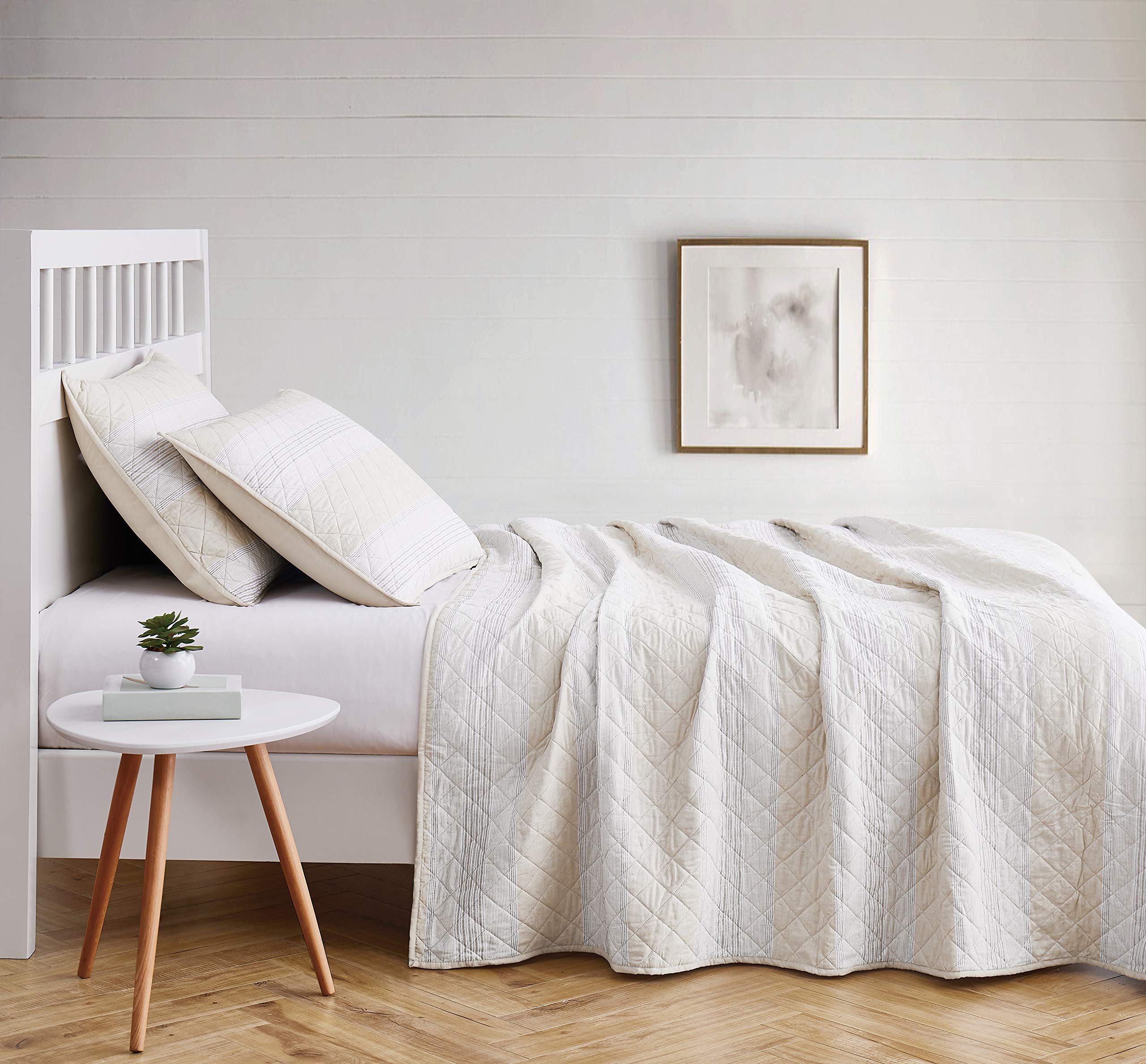 Cottage Classics 3-Piece 100% Cotton Face Quilt and Sham Set Farmhouse Style Textured Horizontal Stripe, Full/Queen, Tan