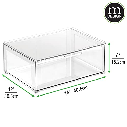mDesign Plastic Stackable Kitchen Storage Organizer Bins with Pull Out Drawer for Cabinet, Pantry, Fridge, Freezer, Shelf, Refrigerator Organization - Lumiere Collection - 2 Pack - Clear