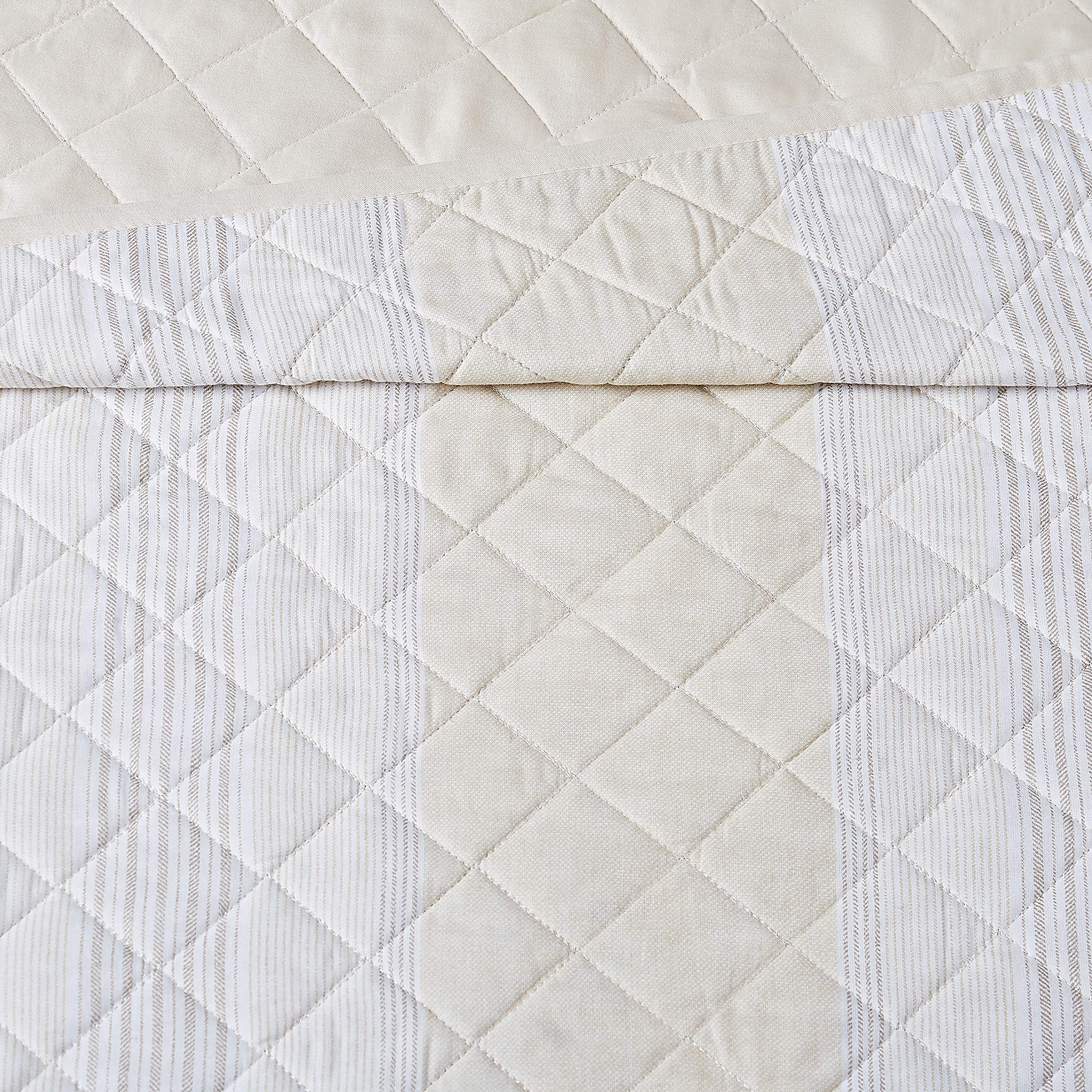 Cottage Classics 3-Piece 100% Cotton Face Quilt and Sham Set Farmhouse Style Textured Horizontal Stripe, Full/Queen, Tan