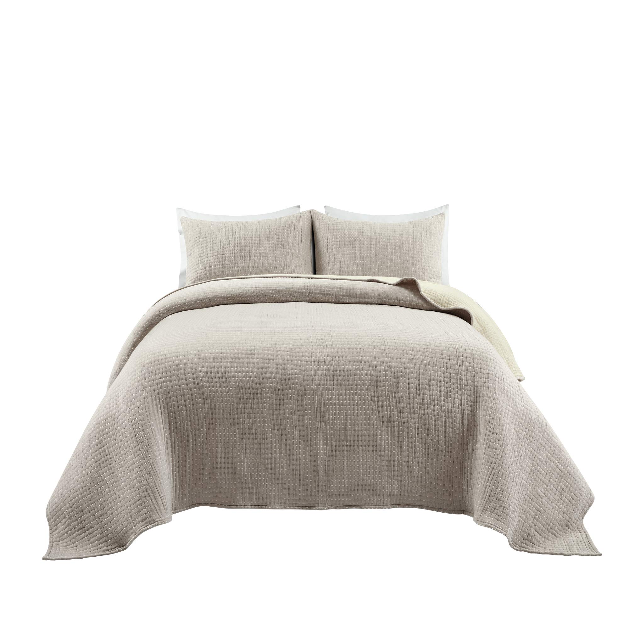 Lush Decor Solid Kantha Pick Stitch Yarn Dyed Cotton Woven 3 Piece Quilt/Coverlet Set, King, Neutral & Off-White