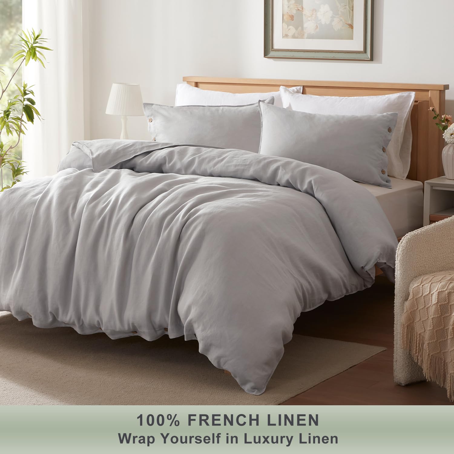 TOSMO 100% Linen Duvet Cover Set with Button Closure, 3 Pieces (1 Duvet Cover with 2 Pillowcases), Soft Breathable Durable Farmhouse Bedding - King, Soft Grey